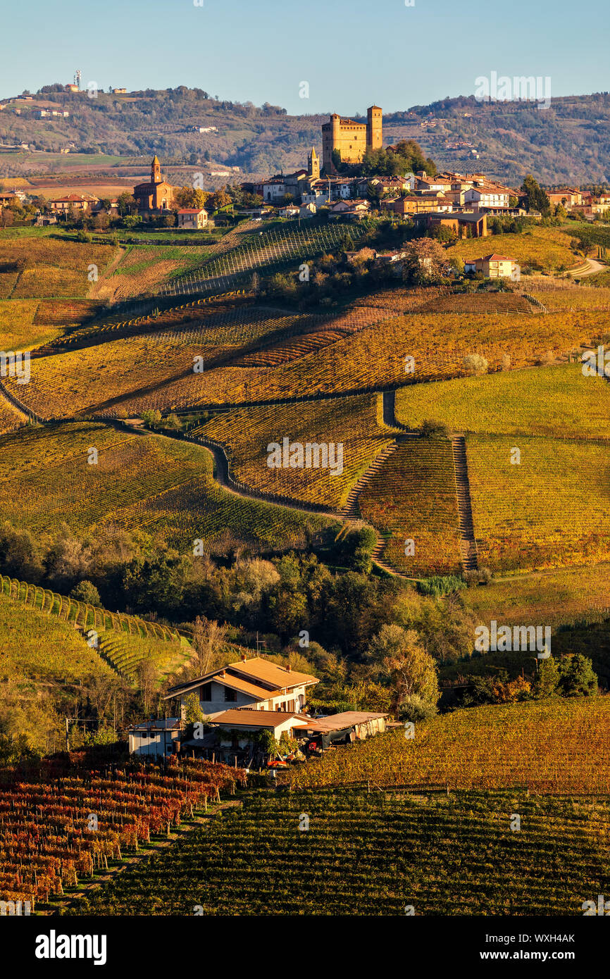 View of colorful autumnal vineyards and small medieval town on the ...