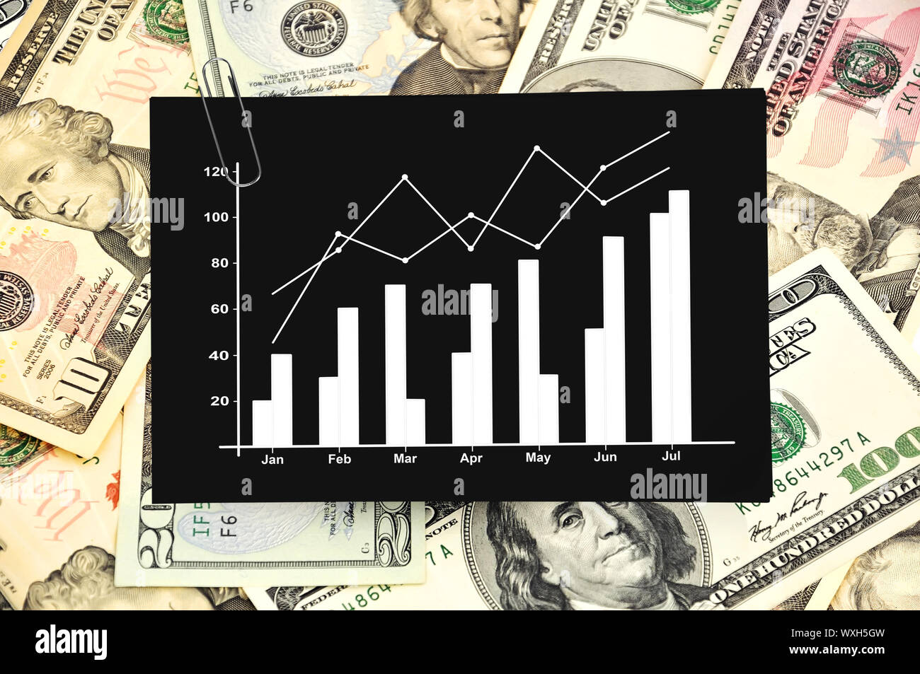 black paper with chart on money background Stock Photo - Alamy