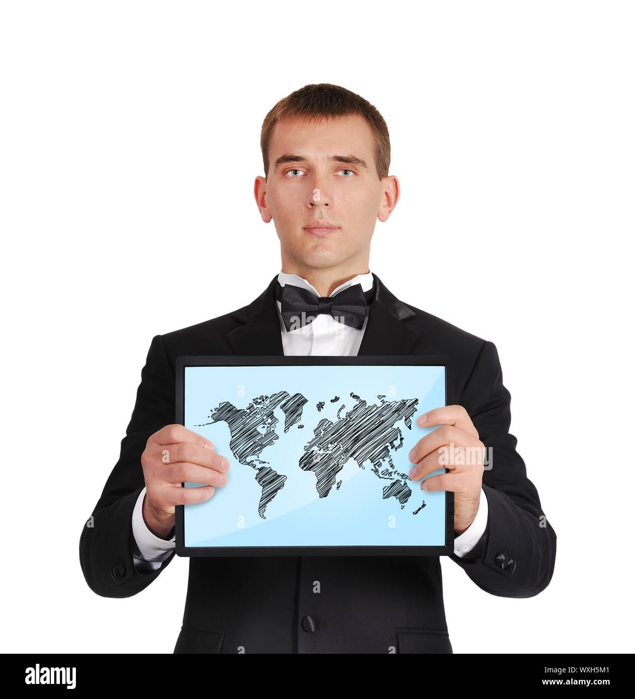 businessman in tuxedo holding touch pad with world map Stock Photo - Alamy