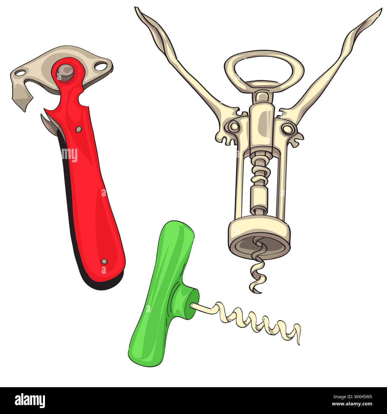 Hand drawn illustration of a series of openers for bottles and cans ...