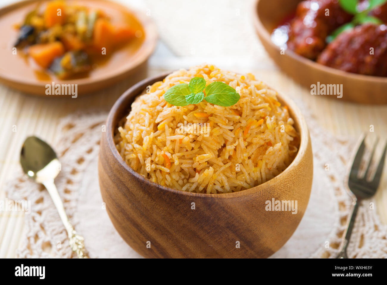 Indian meal biryani rice or briyani rice and curry, fresh cooked ...