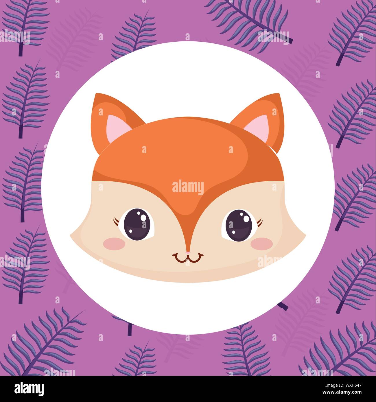 cute fox over tropical leaves background, colorful design, vector ...