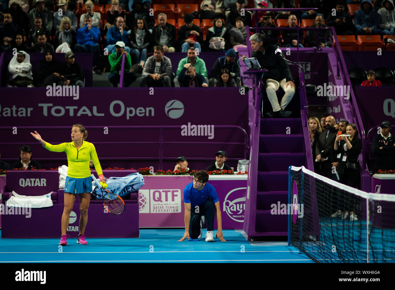 Barbora Strycova of the Czech Republic argues with umpire Marija Cicak ...