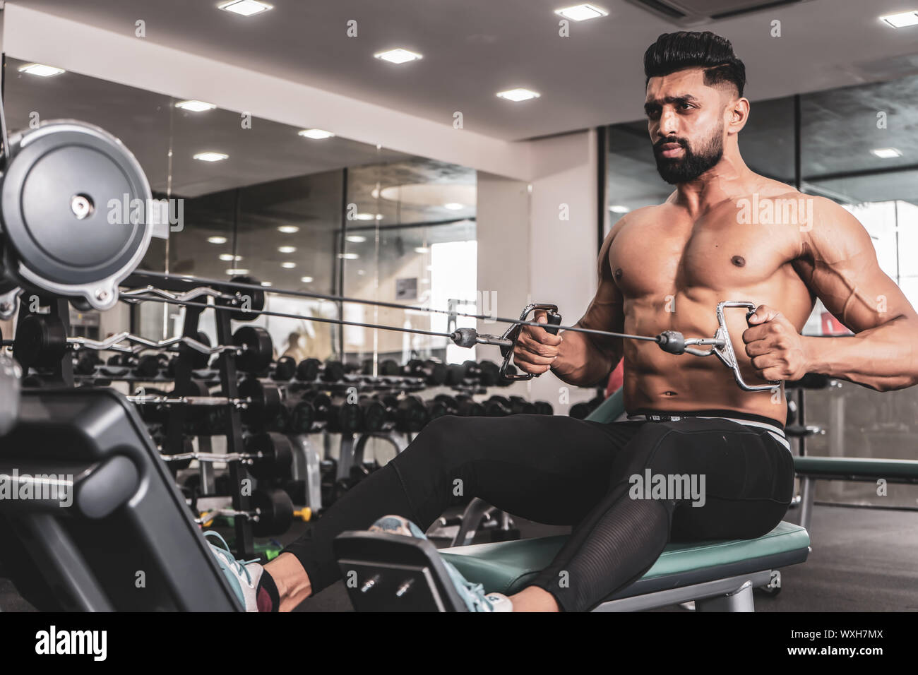 Athlete makes low cable pulley row seated in gym. Close back view Stock ...