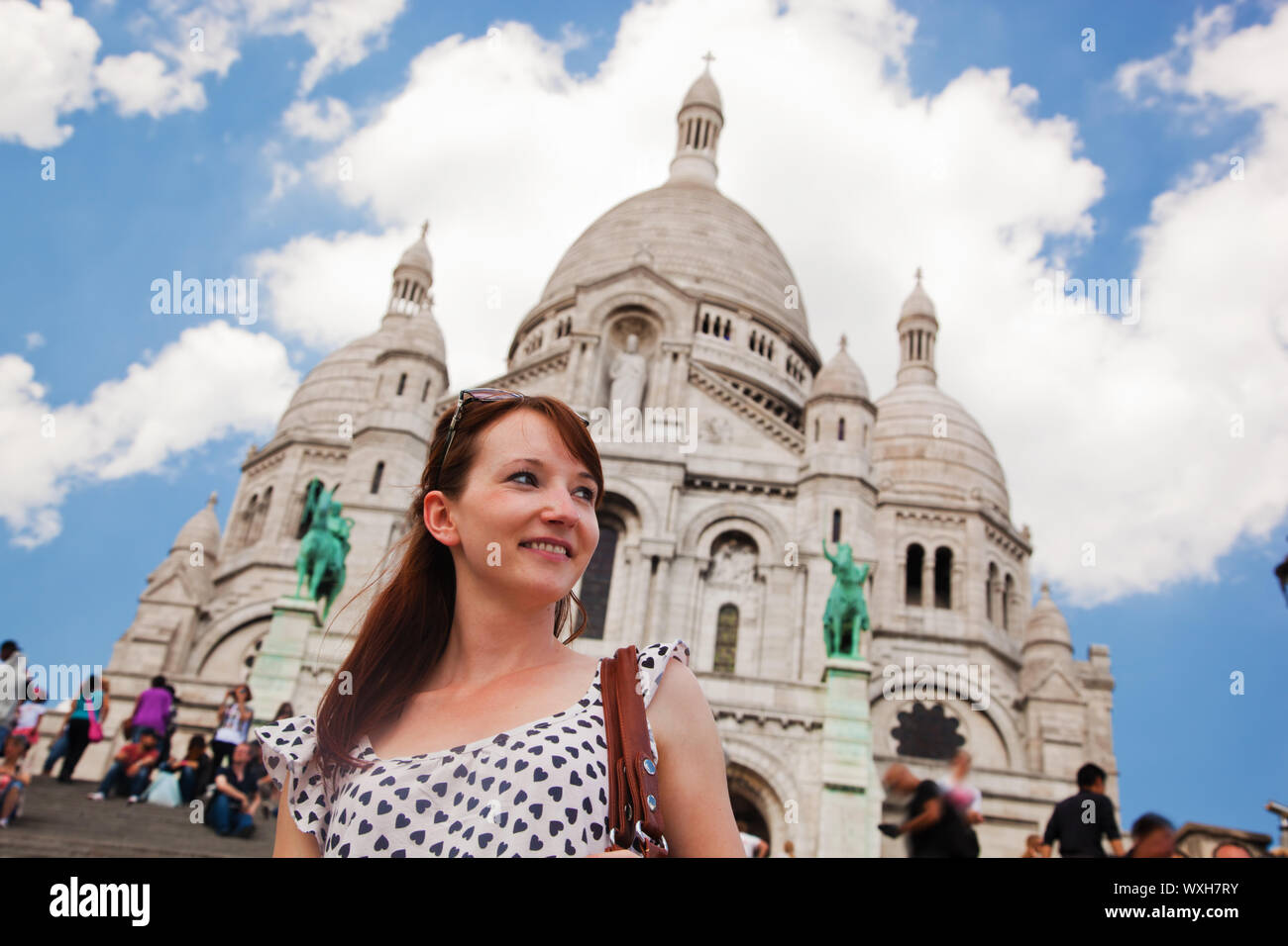 Girl near Sacre-Coeur Basilica on Montmartre, Paris, France Stock Photo ...