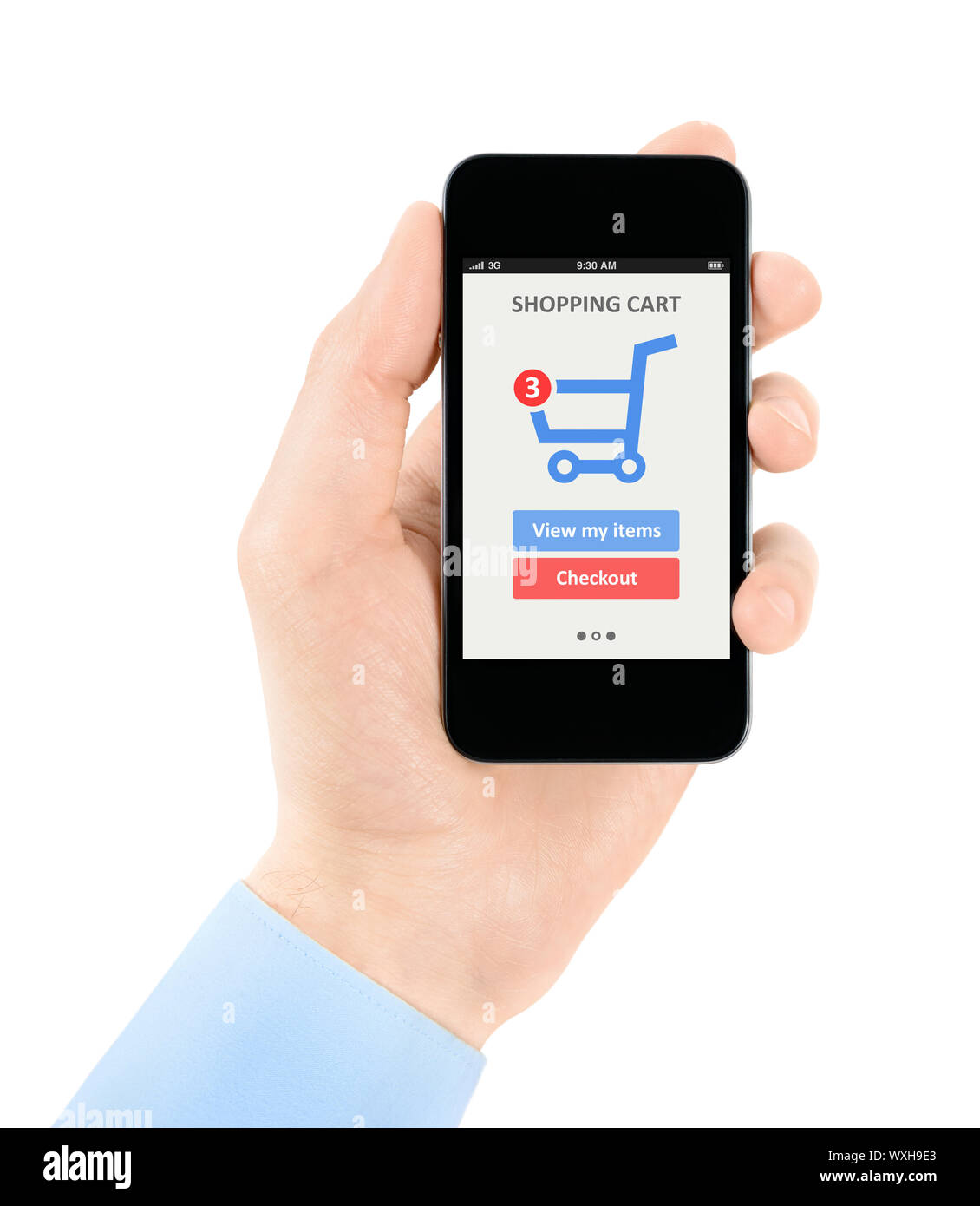 Mens hand holding modern mobile phone with online shopping application ...