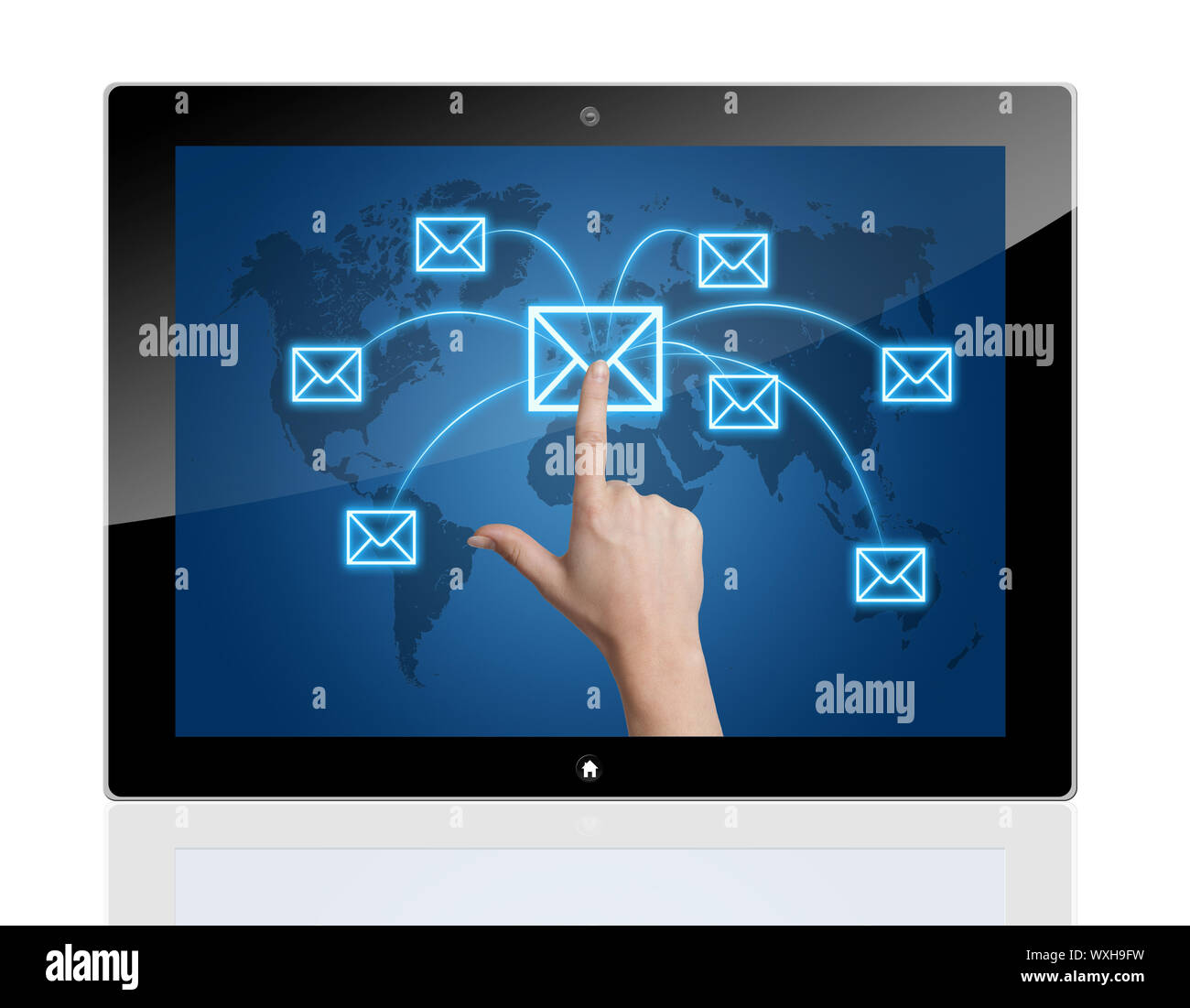 Communication concept: Tablet PC with a Hand pressing a letter icon on ...