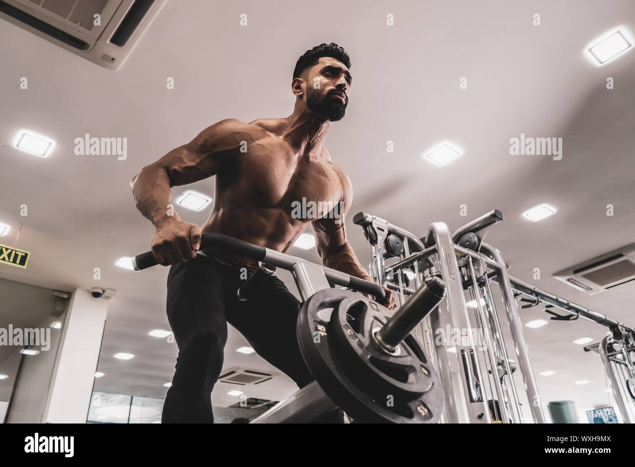 Muscular men exercising with weights. He is performing T bar rows for ...