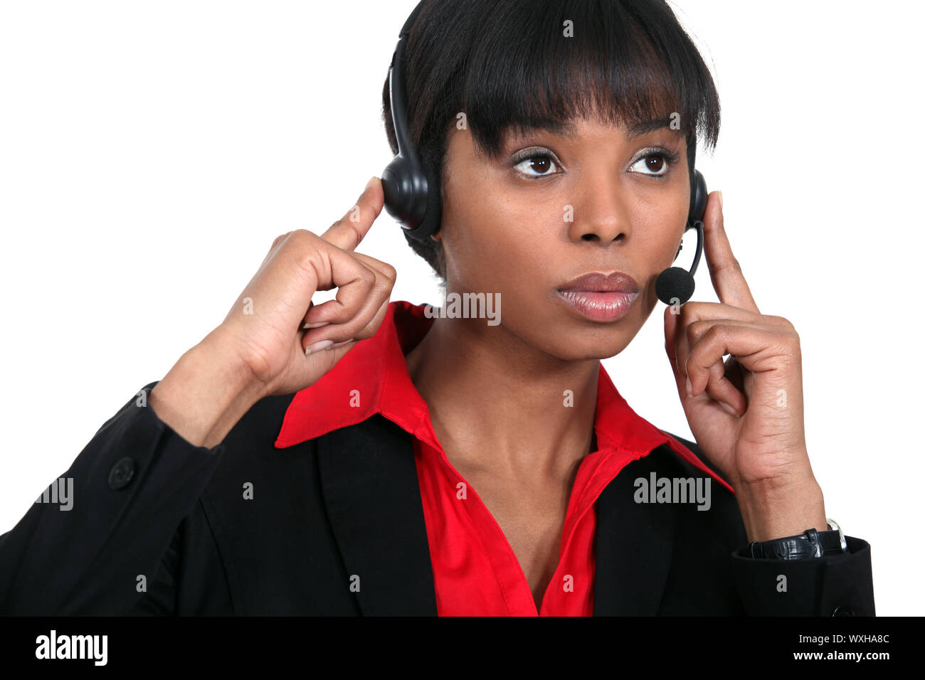 Woman wearing telephone head-set Stock Photo - Alamy