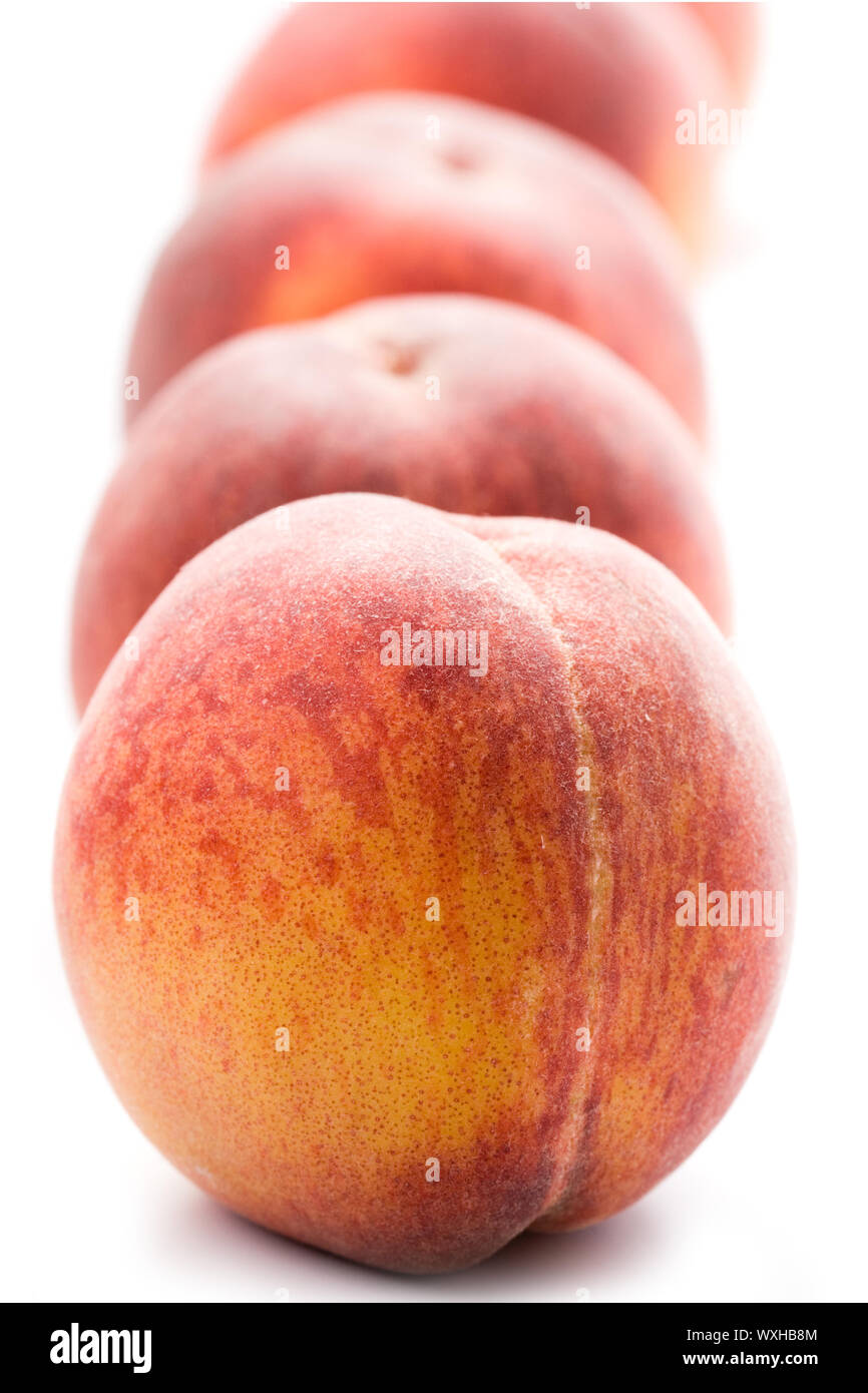 four peaches on white background Stock Photo - Alamy