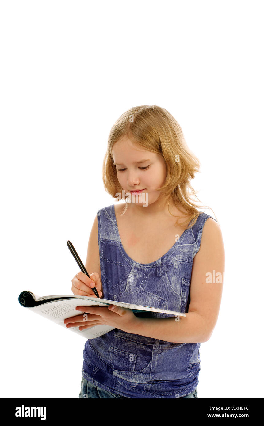 Blonde Girl Writing Down in Exercise Book on white background Stock ...