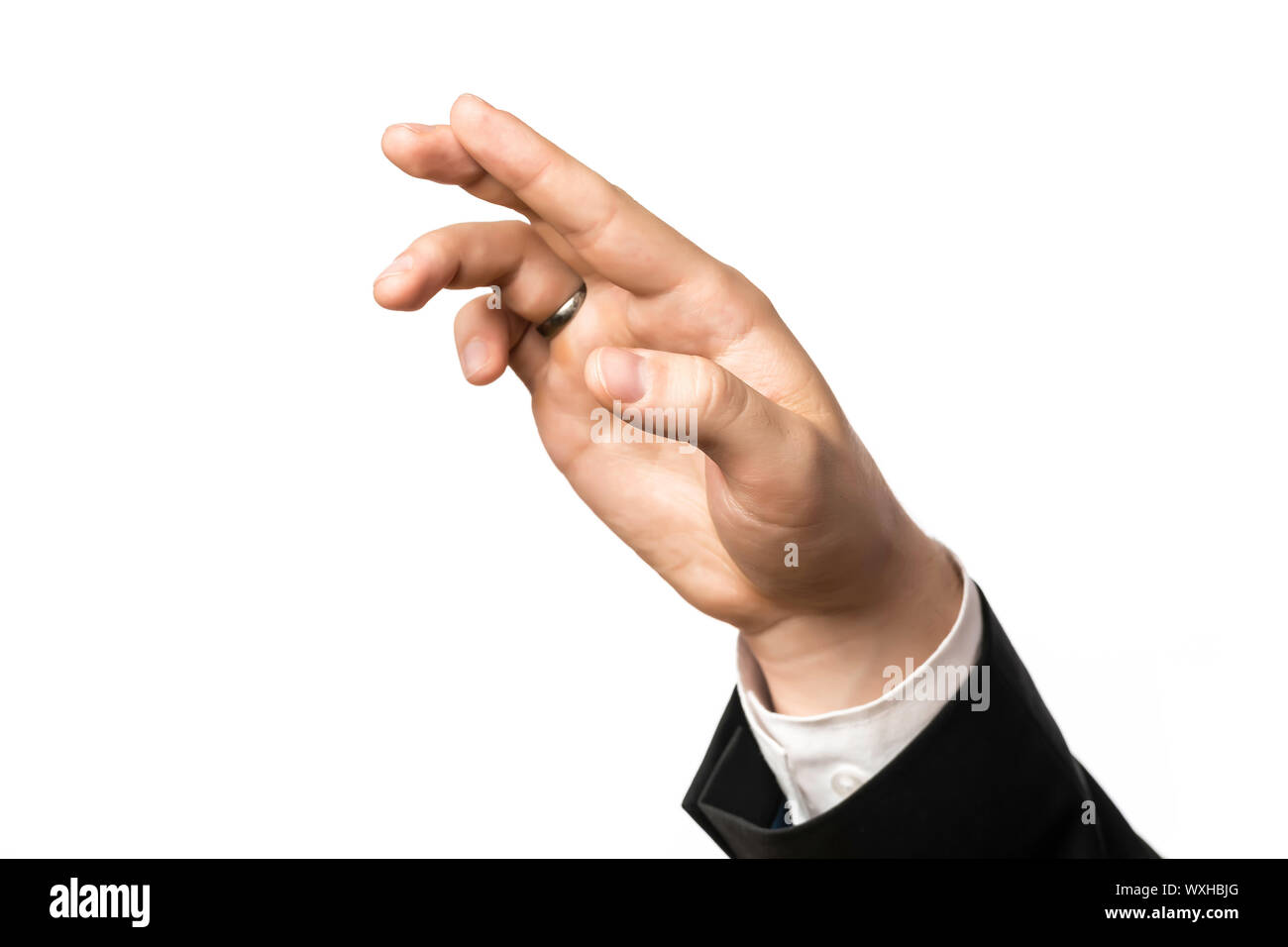 Detail of a hand of a businessman who is held up, isolated on white ...