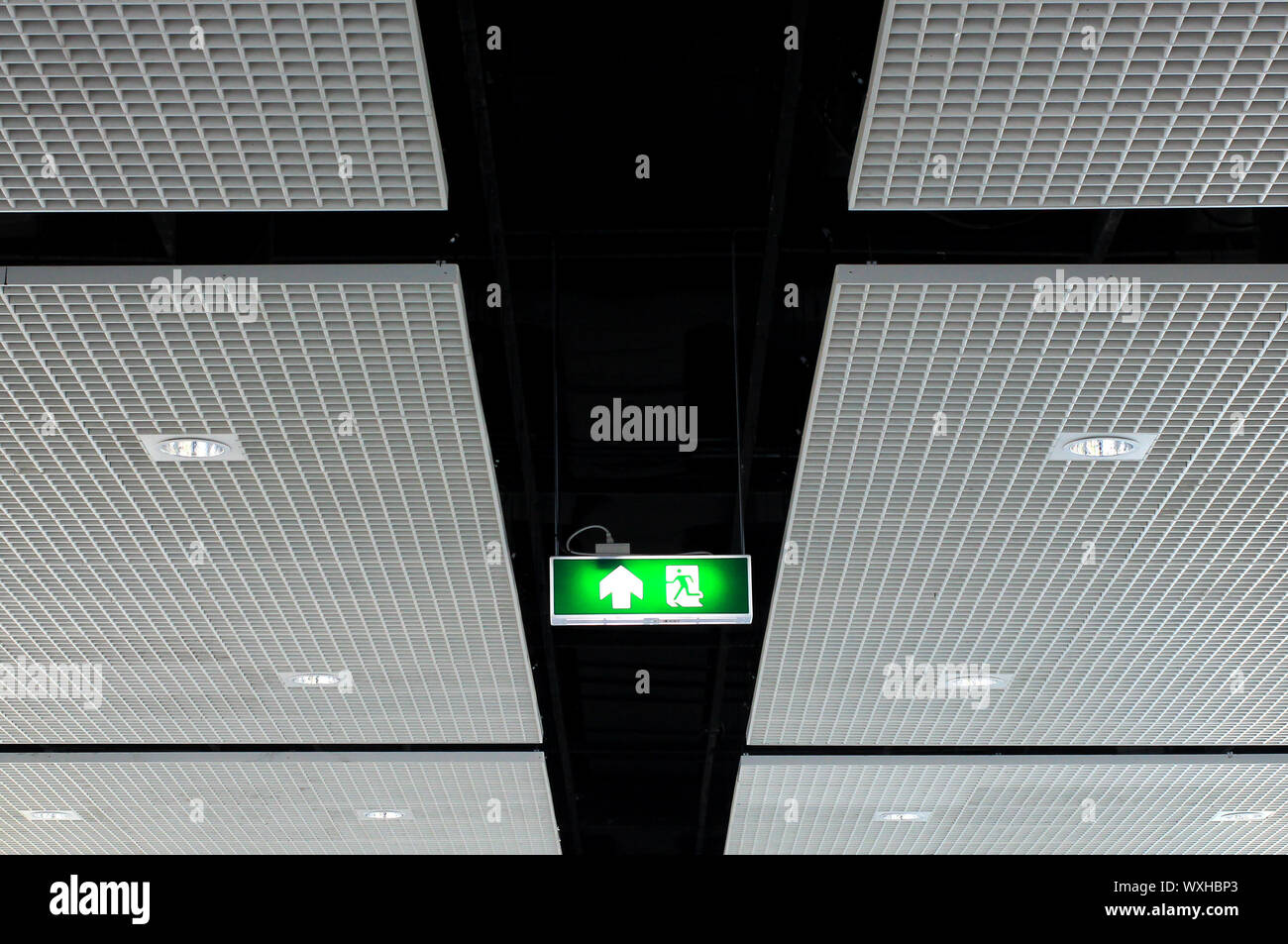 Fire exit sign on ceiling with light Stock Photo - Alamy