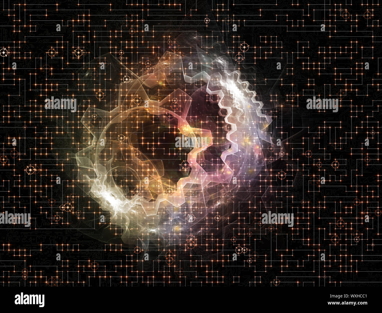 Composition of complex network texture, abstract gear elements with ...
