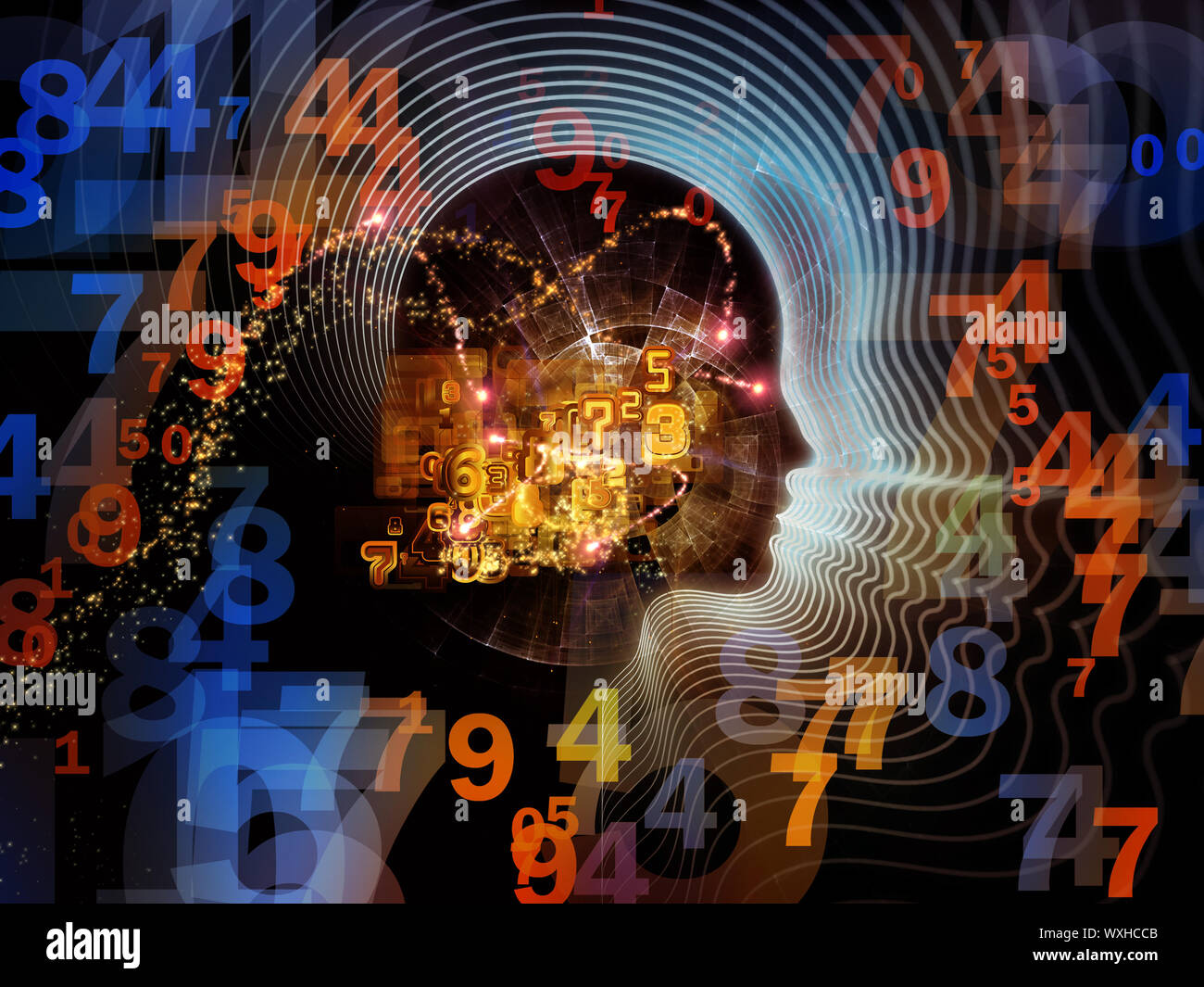 Abstract design made of lines of human head, fractal grids and ...