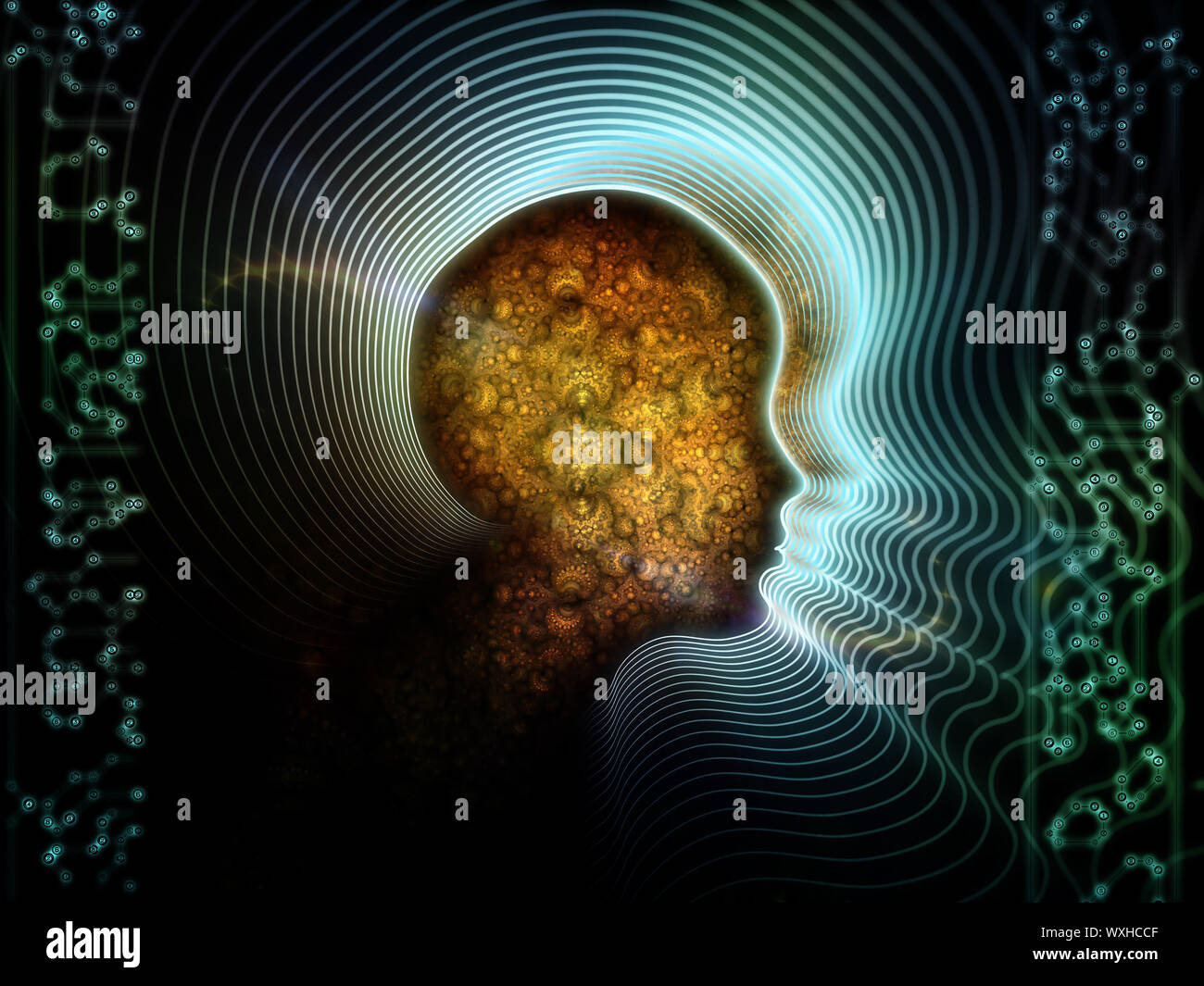 Composition of lines of human head, fractal grids and technology ...