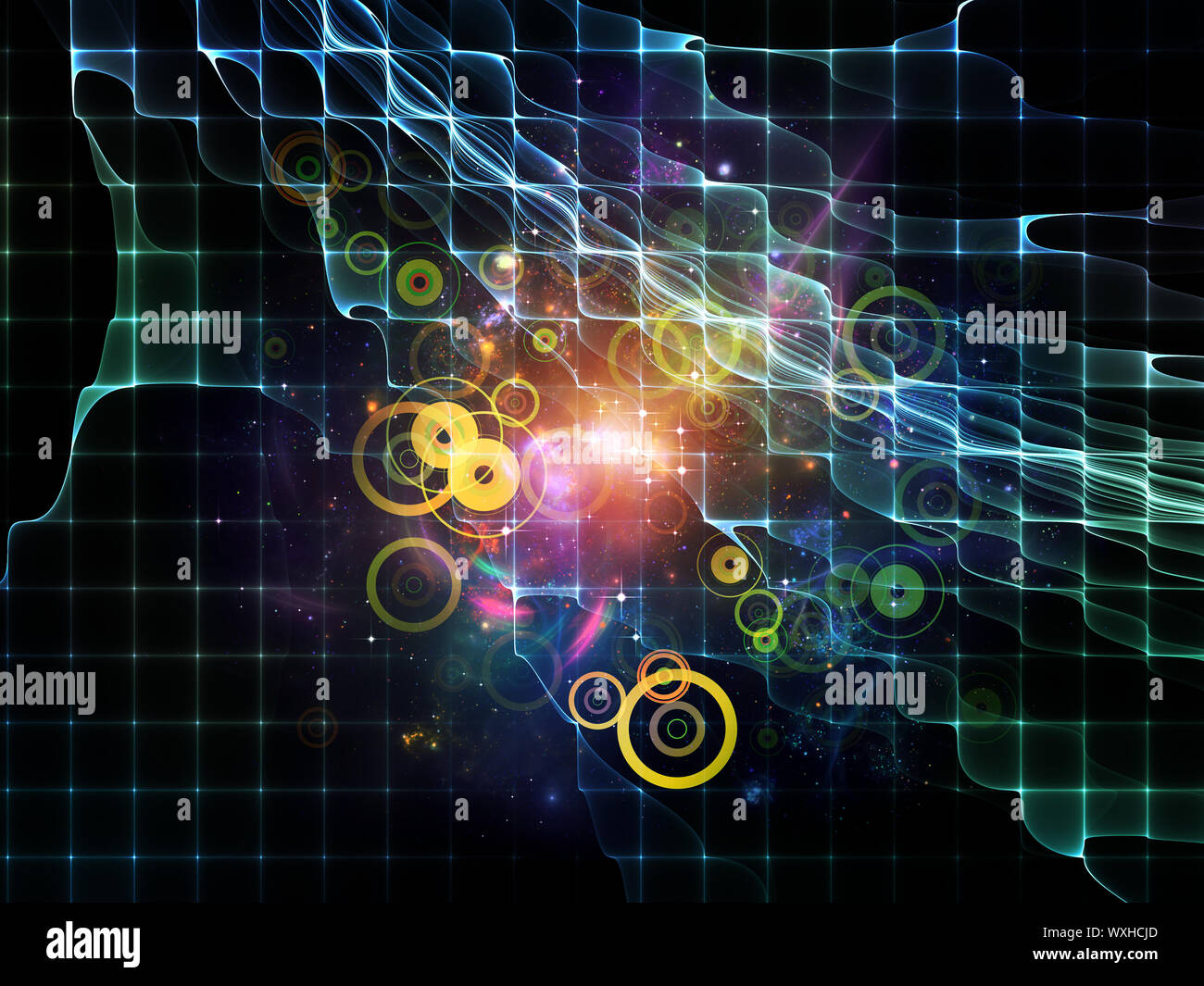 Abstract design made of fractal grids and light particles on the ...