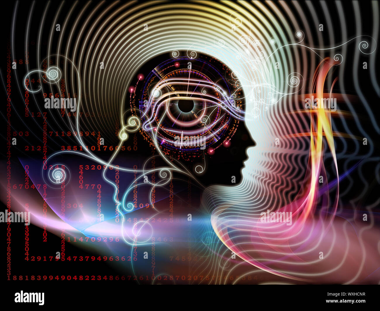 Backdrop of human feature lines and symbolic elements on the subject of ...