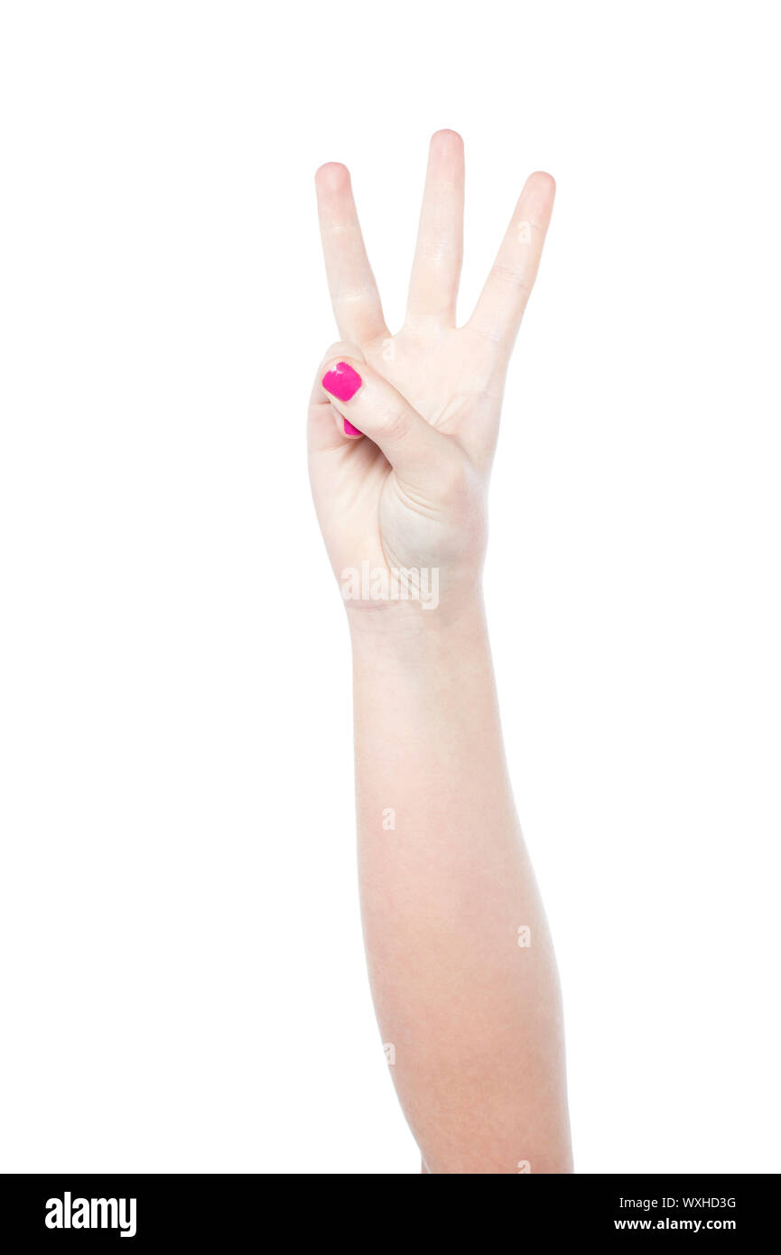 Hand showing number three, white background Stock Photo - Alamy