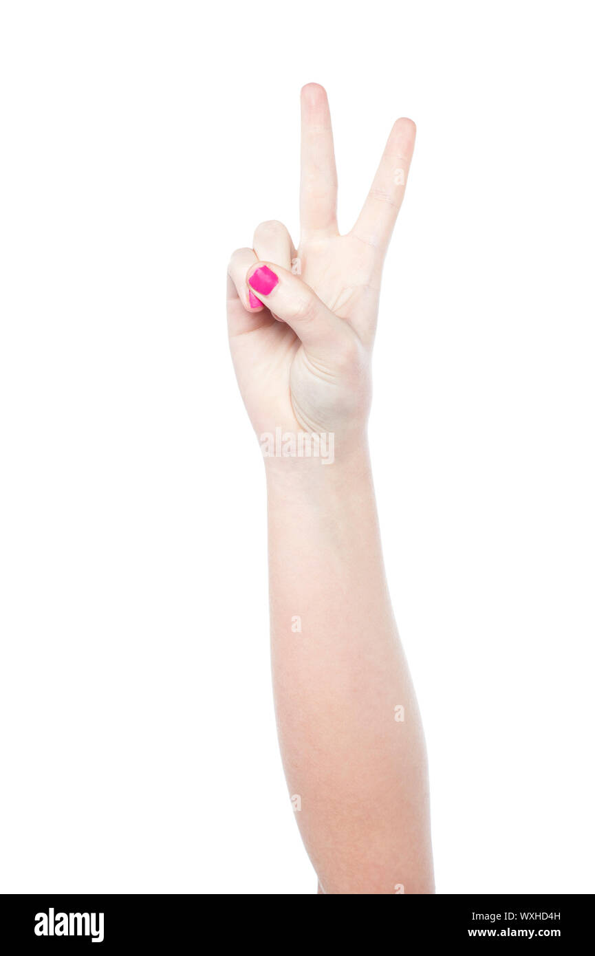 Hand showing number two, white background Stock Photo - Alamy