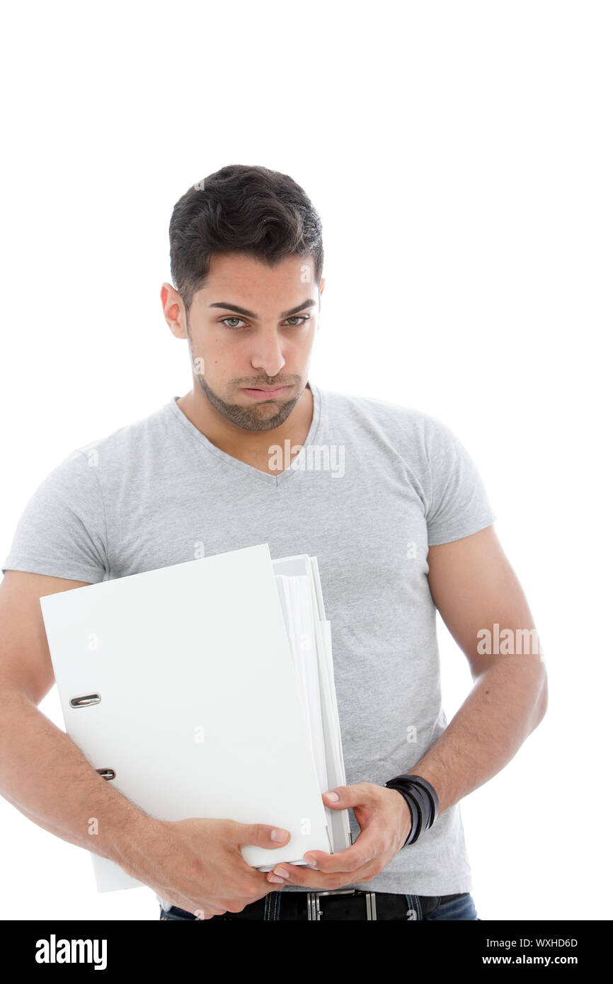 Muscular man holding a pile of folders over the white background Stock ...