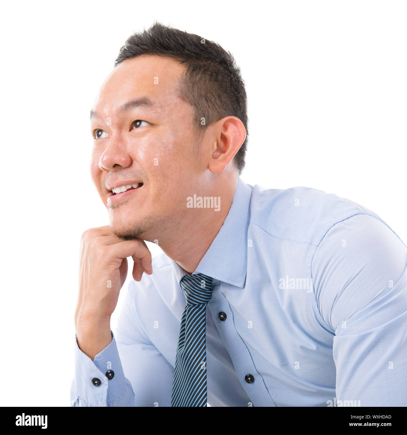 Head shot close up Asian Man thinking over white background Stock Photo ...