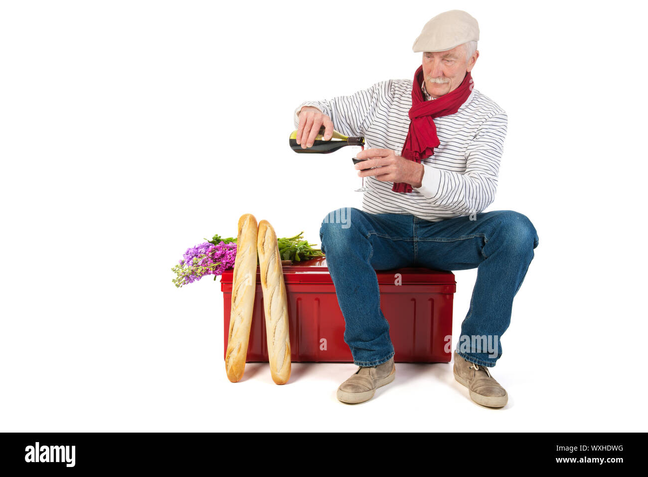 Typical French man with bread and wine isolated over white background ...