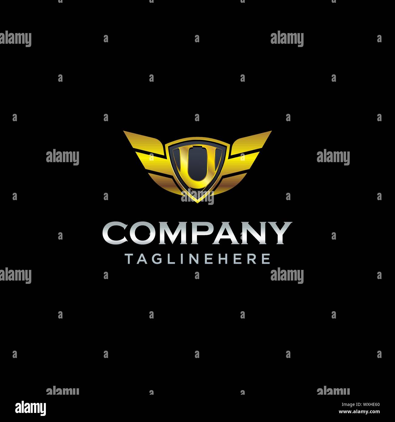 letter U shield with wings gold color logo design concept template ...