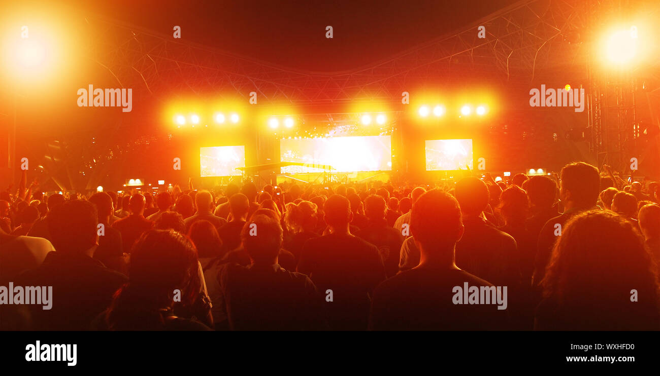 Rock concert, crowd of young people enjoying music in nightclub ...