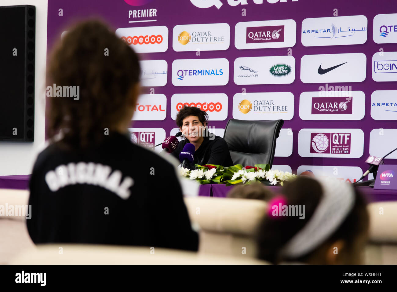 Carla Suarez Navarro of Spain meets kids during a Kids Press Conference ...