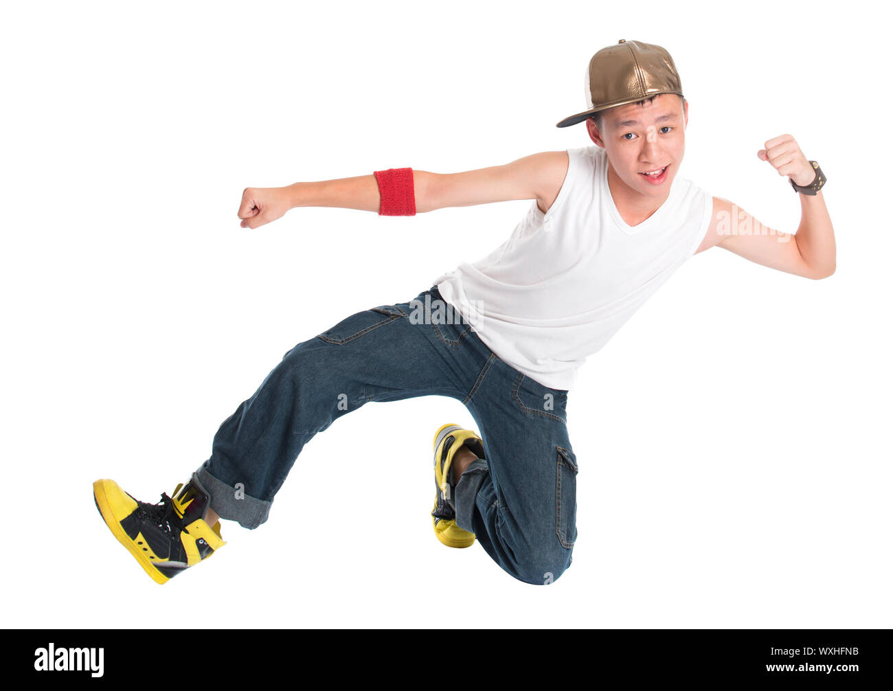 Full body cool looking Asian teen hip hop dancer dancing isolated on ...