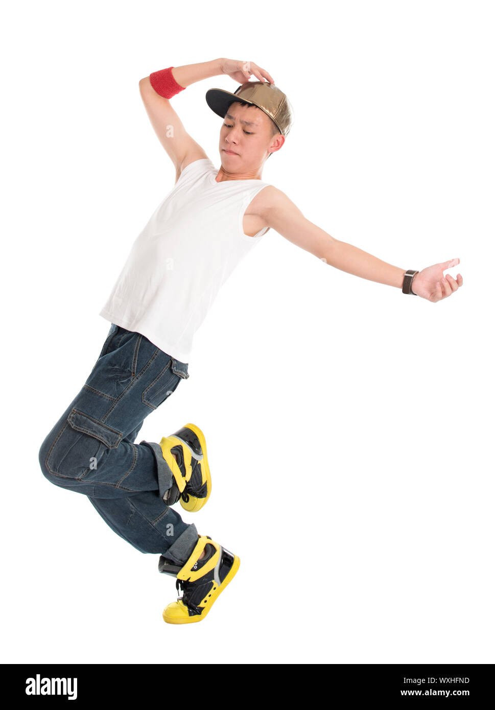 Full body funky looking Asian teen hip hop dancer dancing isolated on ...
