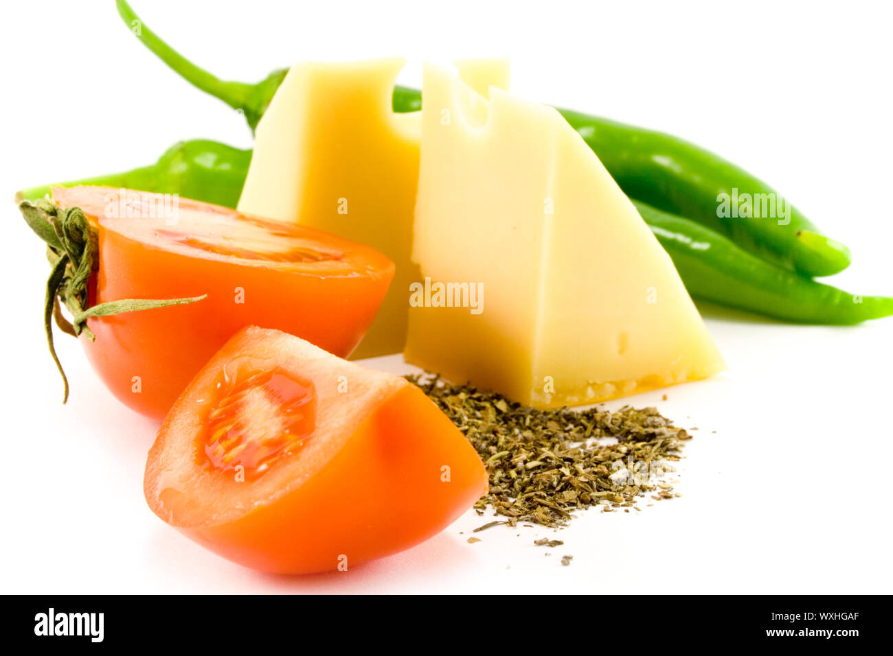 cheese, vegetables and herb isolated on white background Stock Photo ...