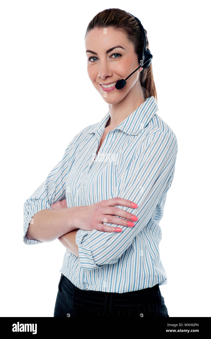 Cheerful female telecaller wearing headset hi-res stock photography and ...