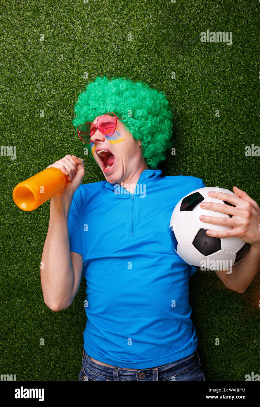 Football fan support his team and celebrate a goal on grass Stock Photo ...