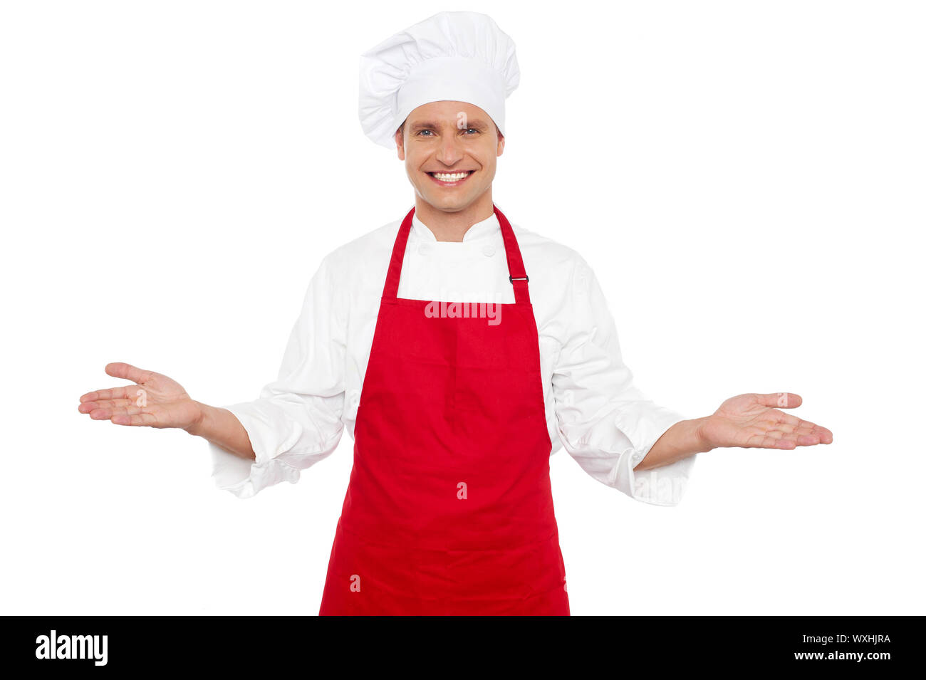 Joyful chef welcoming his guests with wide open arms. All on white ...