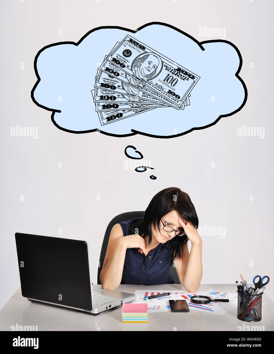 sad businesswoman dreaming on money Stock Photo - Alamy