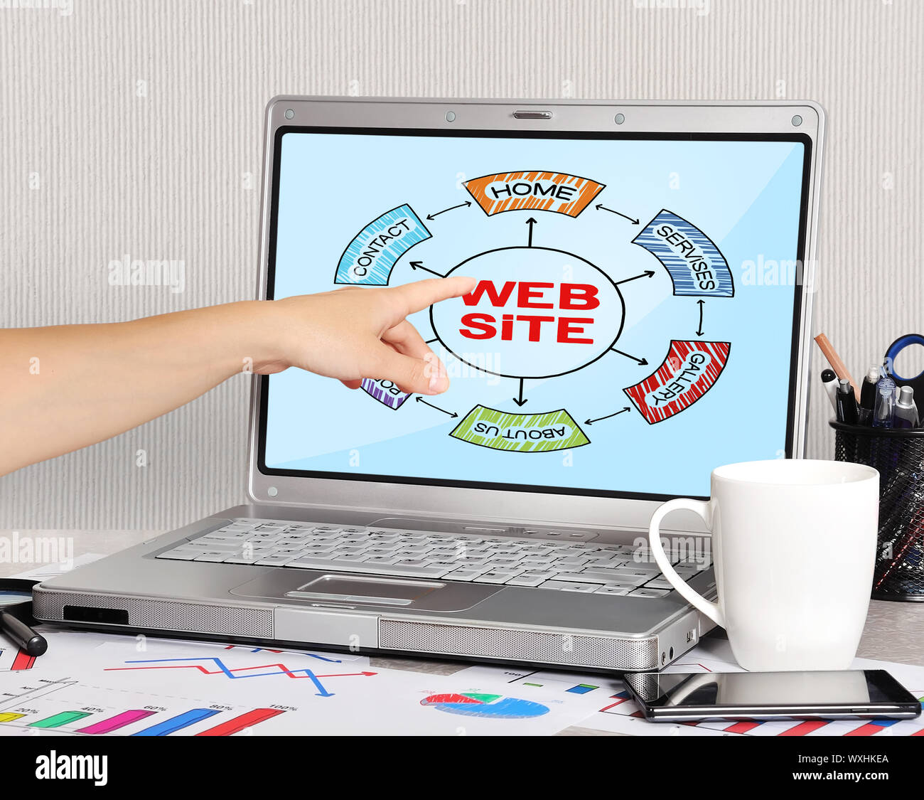 hand pointing to screen laptop with scheme website Stock Photo - Alamy