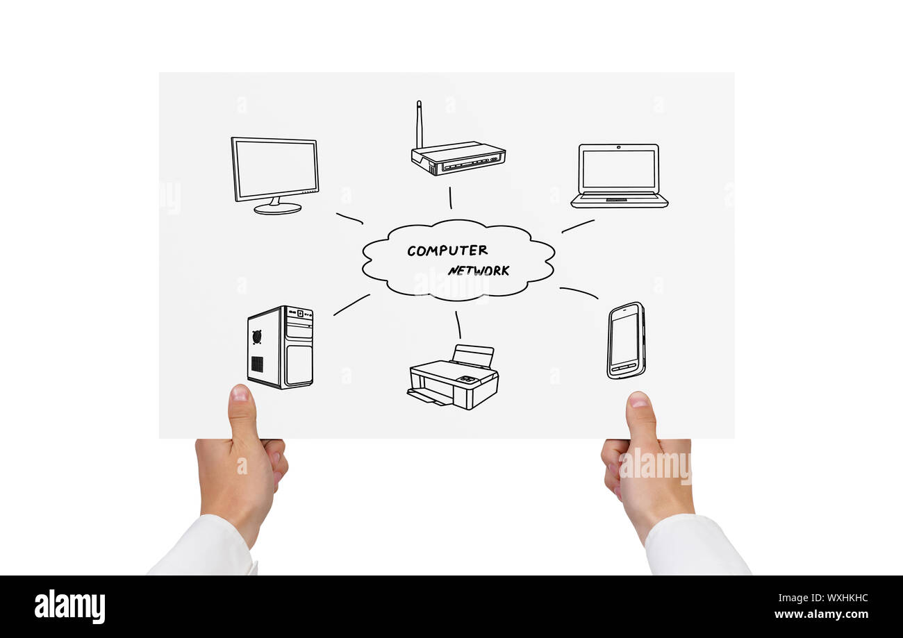 paper with computer network scheme in hands Stock Photo - Alamy