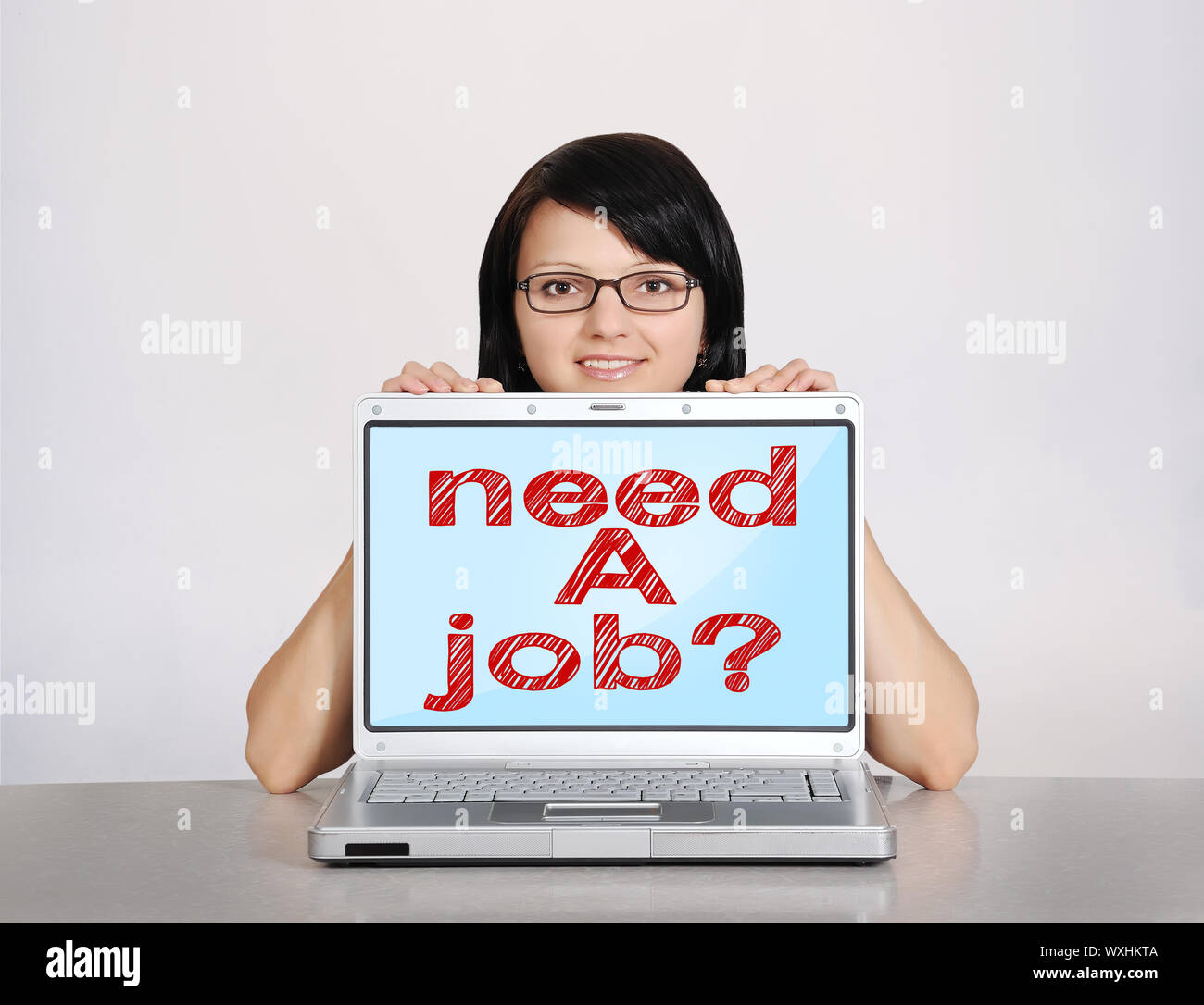 happy woman with laptop and need a job on screen Stock Photo - Alamy