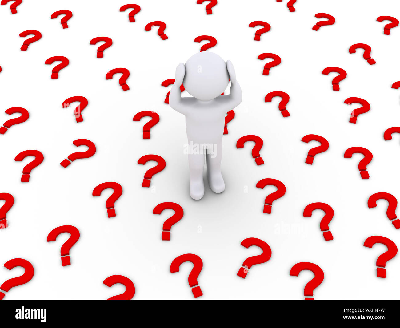 3d person is among many question mark symbols on the ground Stock Photo ...