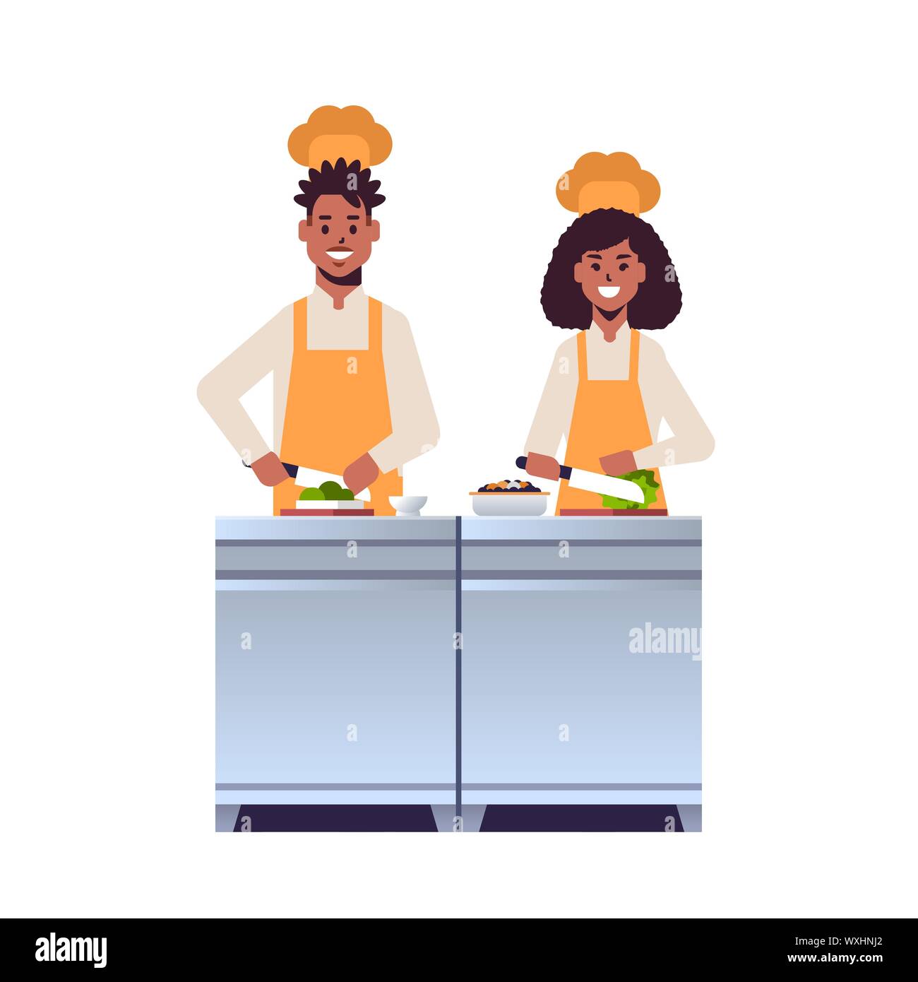 cooks couple professional chefs chopping fresh vegetables on carving ...