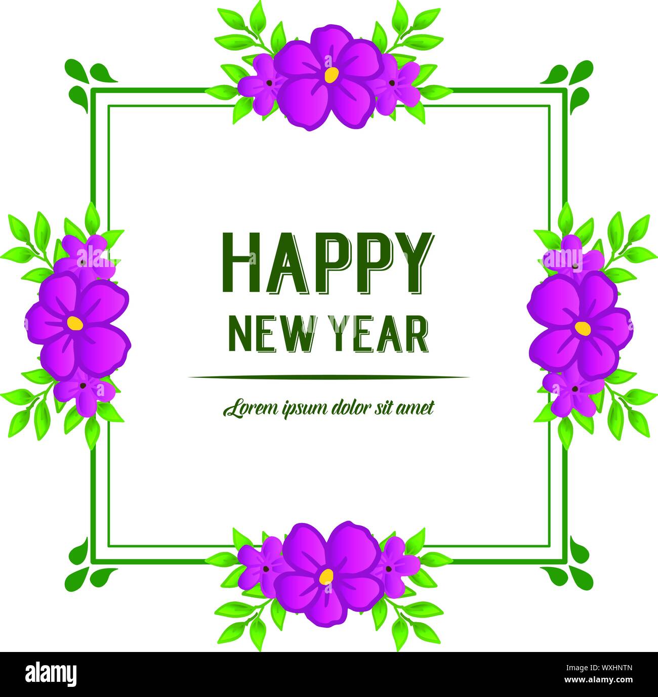 Text invitation card happy new year, with style of purple floral frame ...