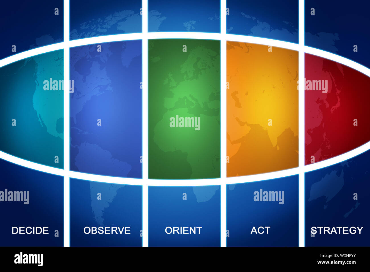colorful diagram of marketing strategy with world map on blue ...