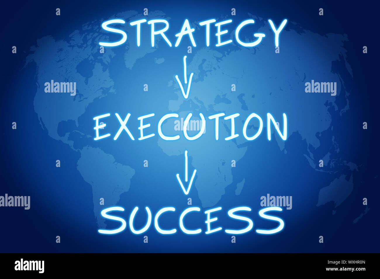 Success concept: success flow chart on a blue background with world map ...