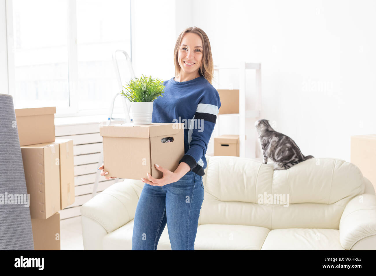 Charming young single woman holds a box with things while moving while ...