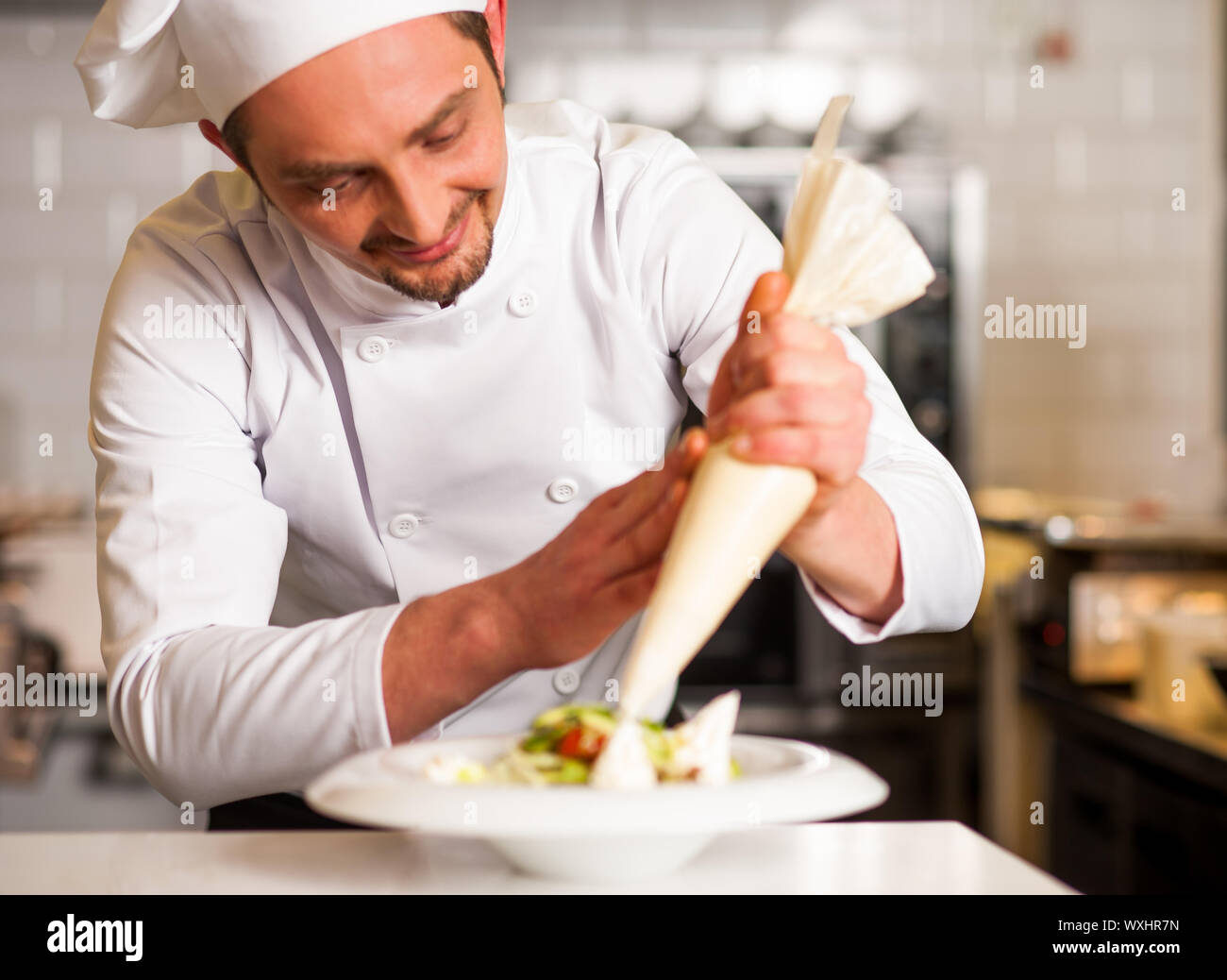 Professional male chef in restaurant kitchen decorating the dish Stock ...
