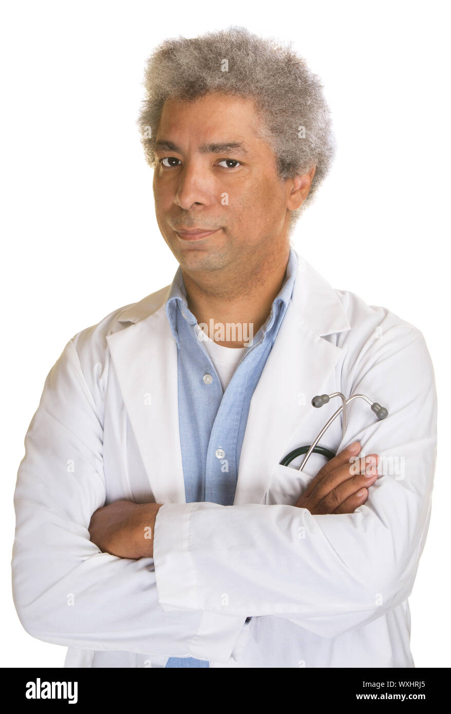 Annoyed mature doctor with arms folded on isolated background Stock ...