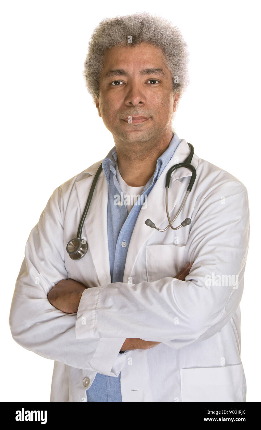 Serious doctor with folded arms on white background Stock Photo - Alamy