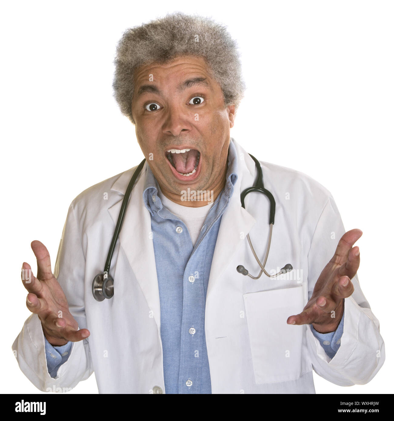 Screaming medical doctor with hands out on white background Stock Photo ...